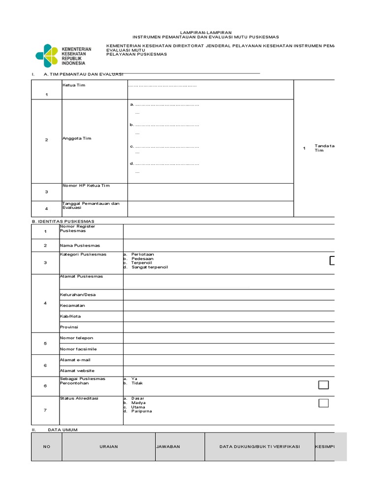 Instrumen Pemantauan Dan Evaluasi Mutu Puskesmas 2021 | PDF