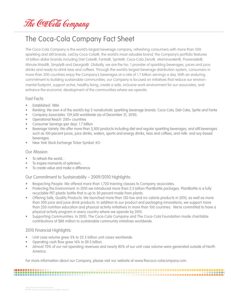Company Fact Sheet | PDF | The Coca Cola Company | Drink