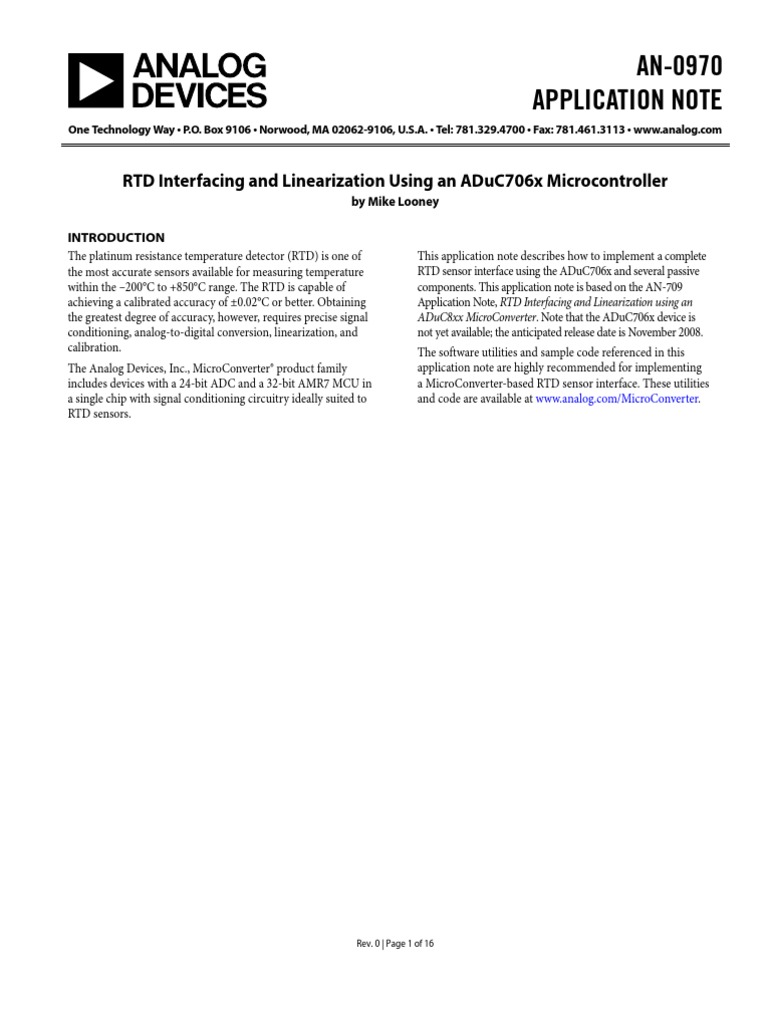 An-0970 Application Note: RTD Interfacing and Linearization Using An Aduc706X Microcontroller ...