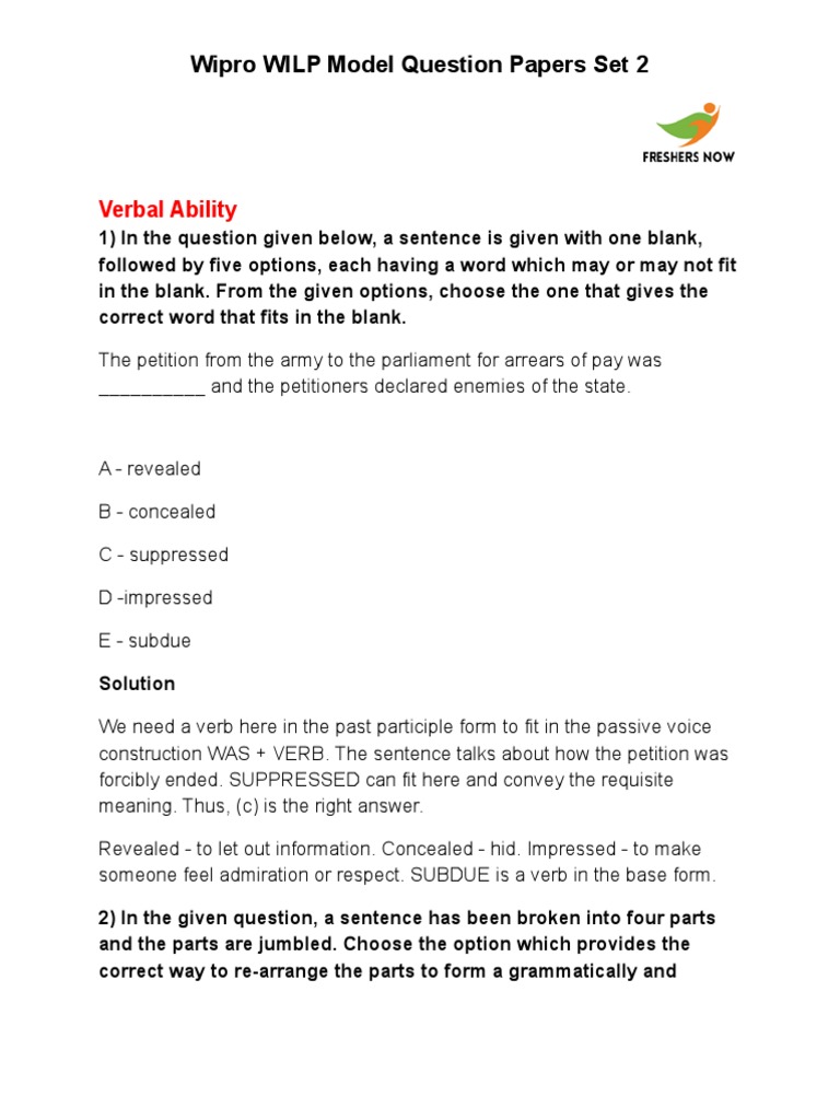 Wipro WILP Model Question Papers Set 2: Verbal Ability | PDF | Verb | Linguistic Morphology