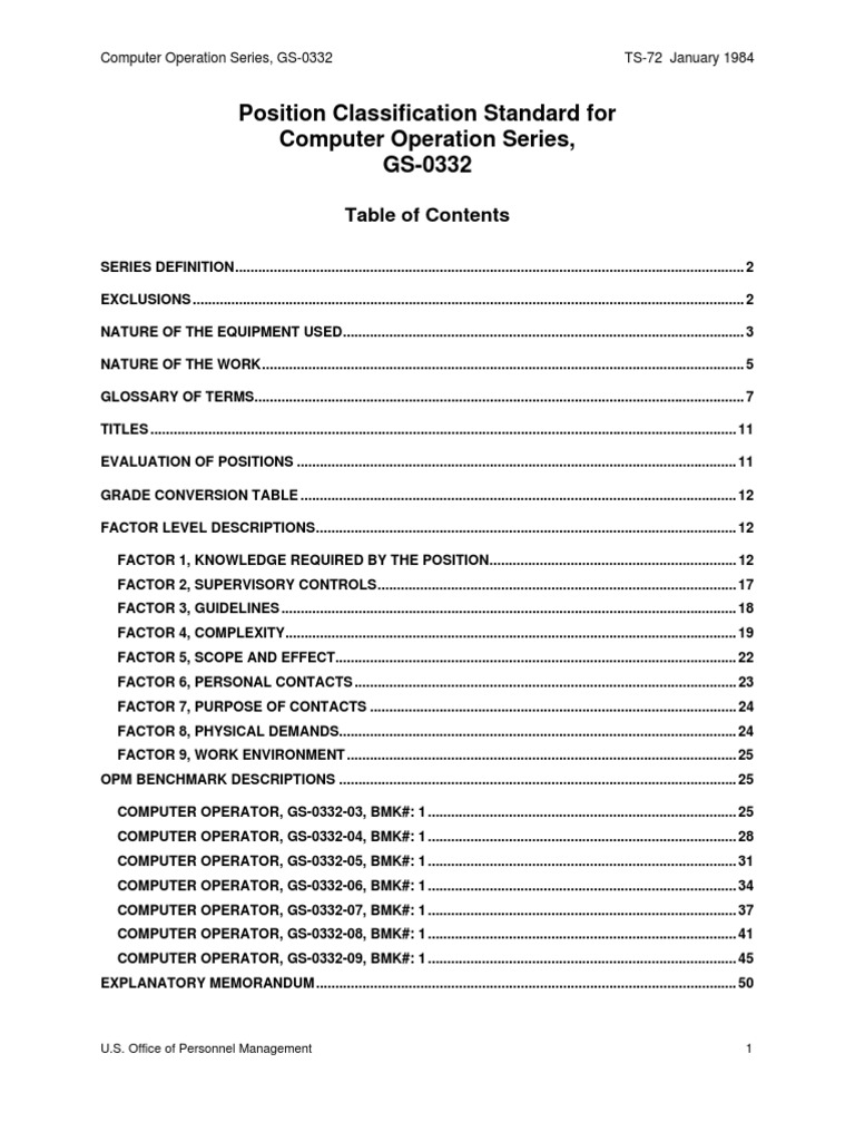 Position Classification Standard For Computer Operation Series, GS-0332 ...