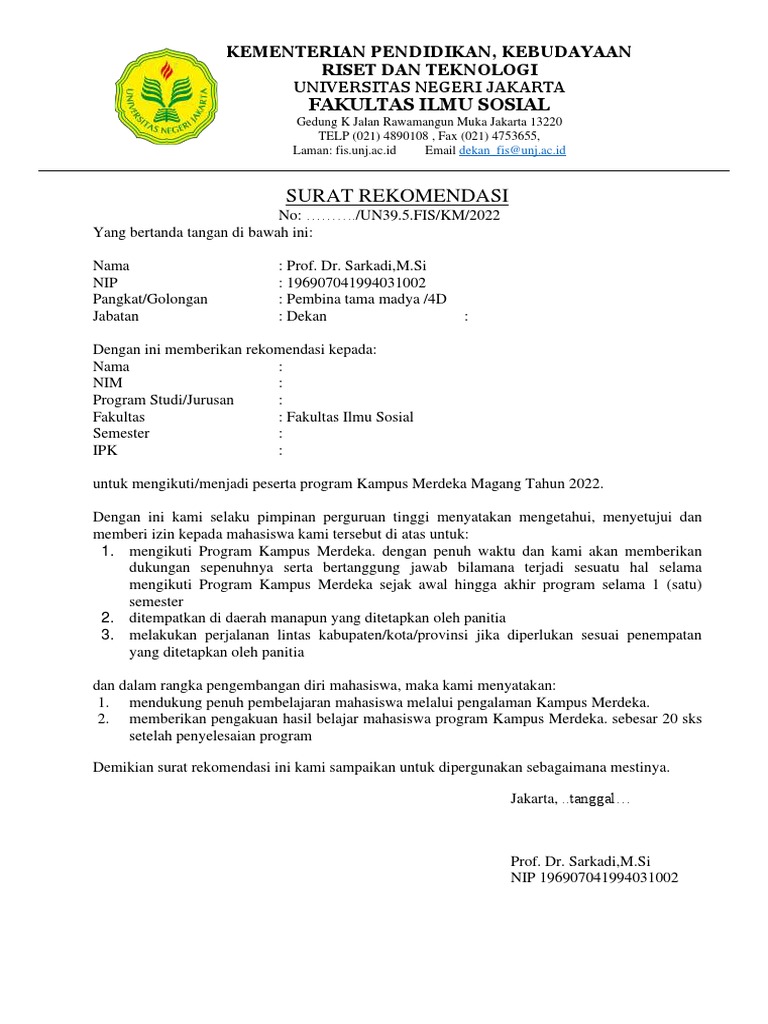 Surat Rekomendasi Kampus Merdeka | PDF