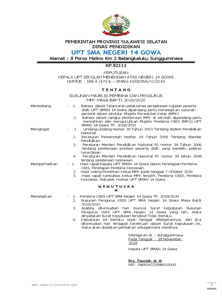 SK Pengurus MPK 2019 2020 | PDF