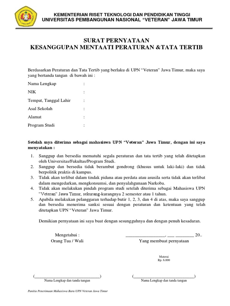 Surat Pernyataan Sanggup Dan Bersedia Mentaati Segala Peraturan Dan ...