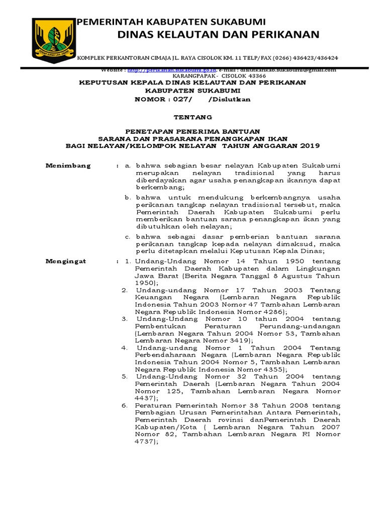 SK Kepala Dinas Tentang Penetapan Penerima Bantuan Sarana Penangkapan ...