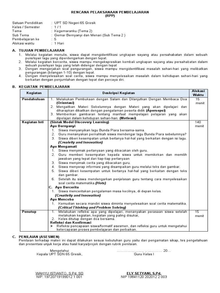 1.2.2.5 RPP Kelas 1 Tema 2 Subtema 2 Pembelajaran 5 | PDF | Karier ...