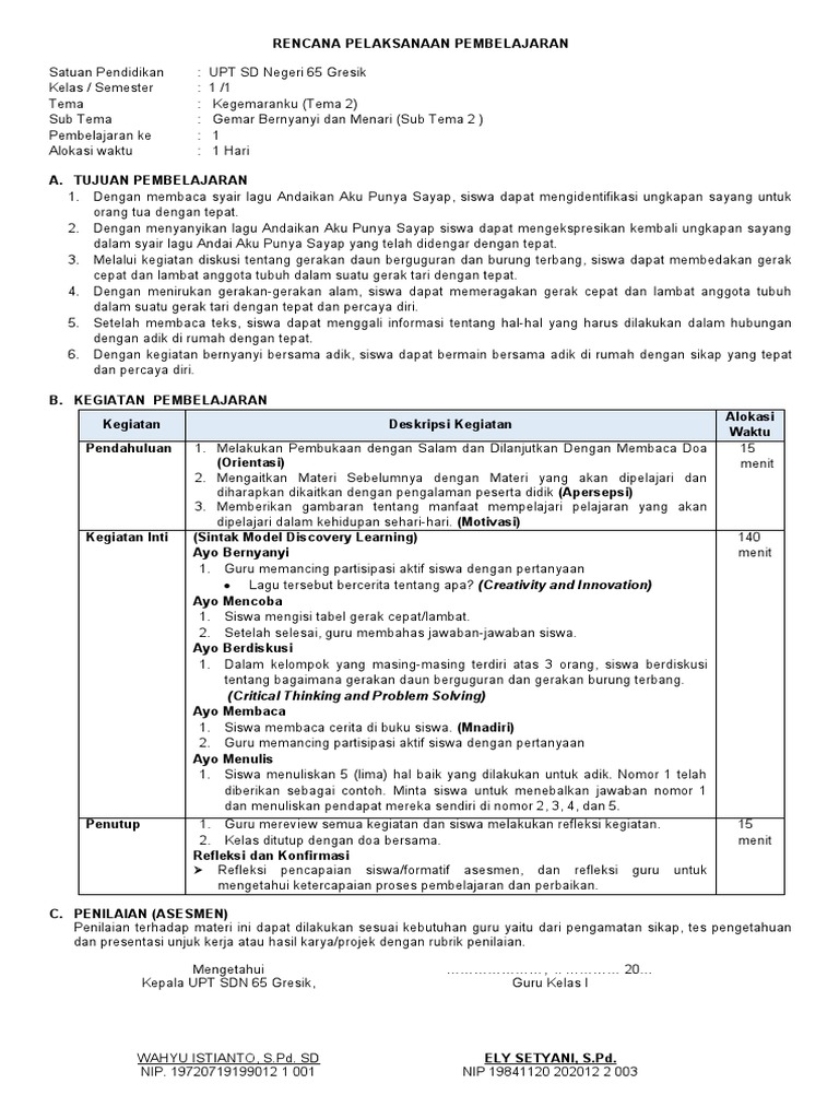 1.2.2.1 RPP Kelas 1 Tema 2 Subtema 2 Pembelajaran 1 | PDF
