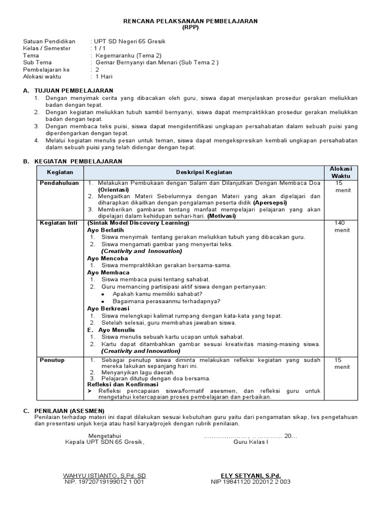 1.2.2.2 RPP Kelas 1 Tema 2 Subtema 2 Pembelajaran 2 | PDF | Karier ...