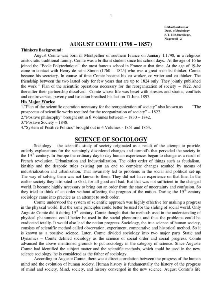 AUGUST COMTE (1798 - 1857) : Thinkers Background | PDF | Positivism ...