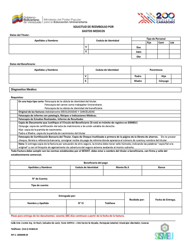 Planilla de Reembolso Gastos Medicos SISMEU | PDF | Certificado de nacimiento | Bancos