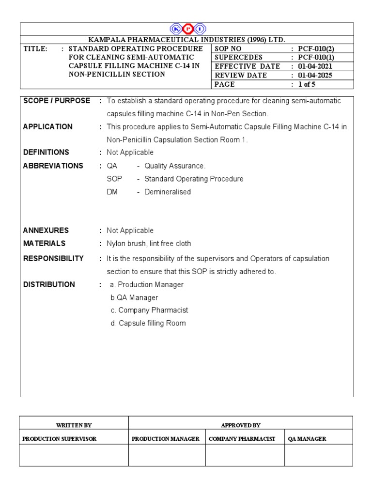 Sop For Cleaning Capsule Filling Machine C-14 in Capsulation Room 2 ...