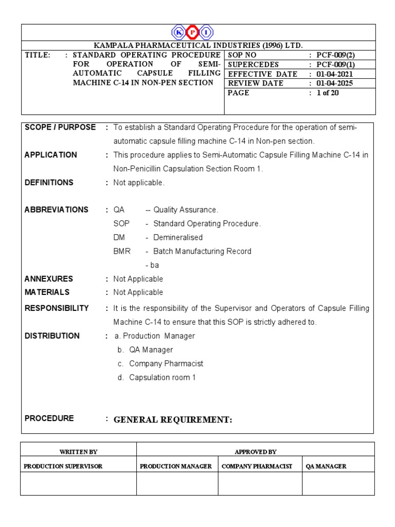 Sop For Operation of Capsule Filling Machine C-14 | PDF | Clutch ...