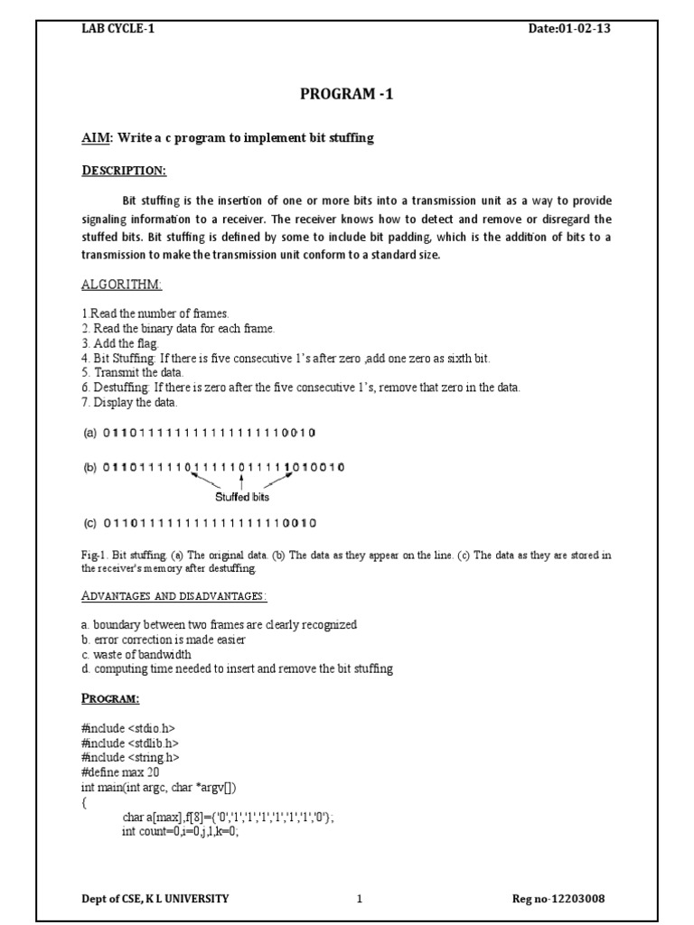 Program - 1: AIM: Write A C Program To Implement Bit Stuffing D | PDF | Bit | Integer (Computer ...