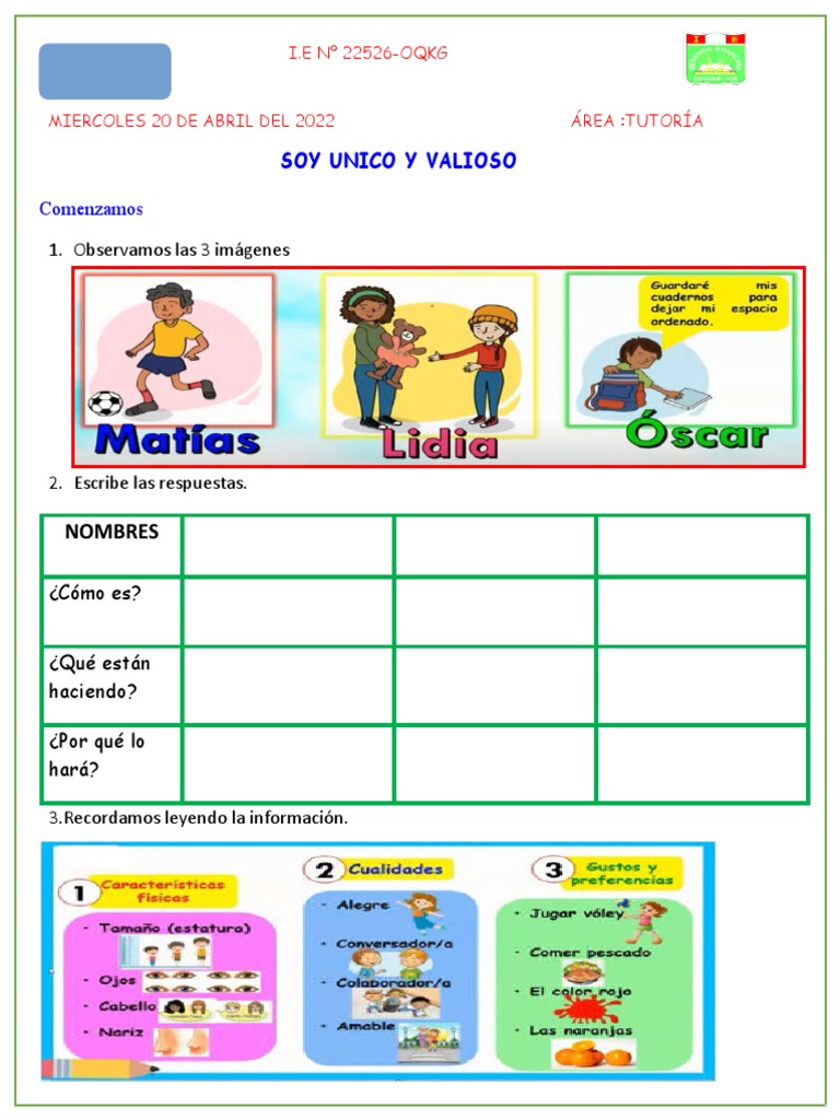 FICHA Soy Único y Valioso | PDF