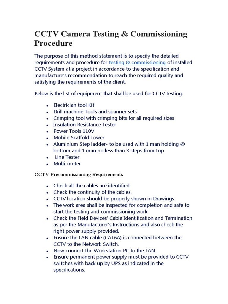 Cctv Camera Testing And Commissioning Procedure Pdf
