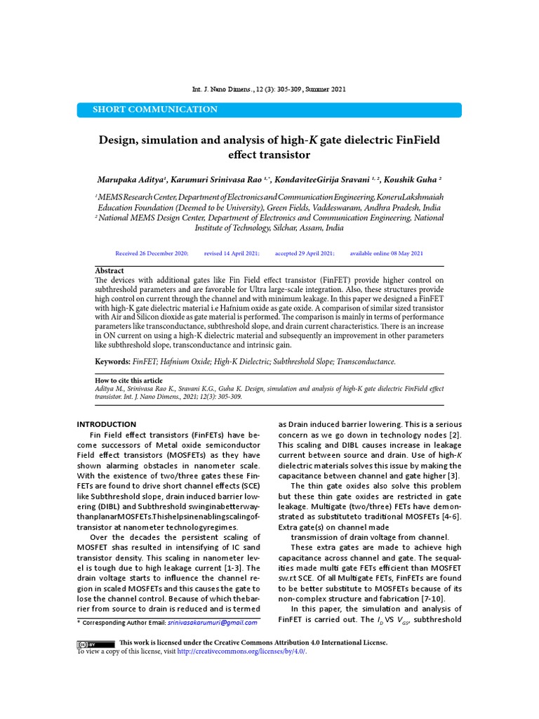 FinFET Performance with High-K Dielectric | PDF | Field Effect ...