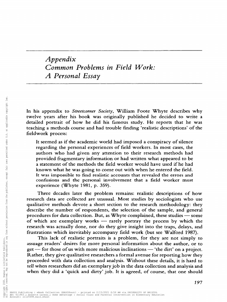 Appendix Common Problems Field Work: A Personal Essay: Streetcorner ...
