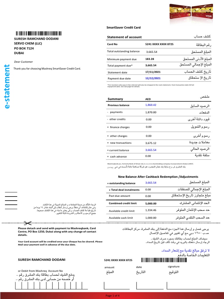 Mashreq Credit Card Statement Oct - Nov 2021 | PDF | Credit Card | Payments