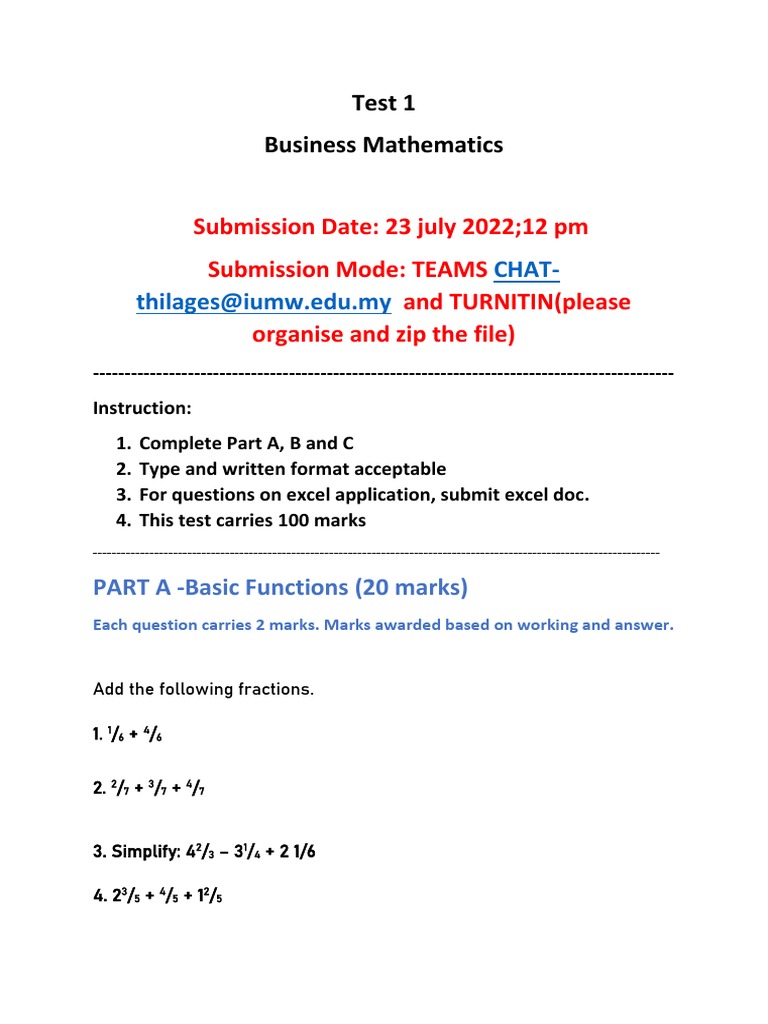Test 1-Business Mathematics-QUESTION-STUDENT (1) | PDF | Percentage ...
