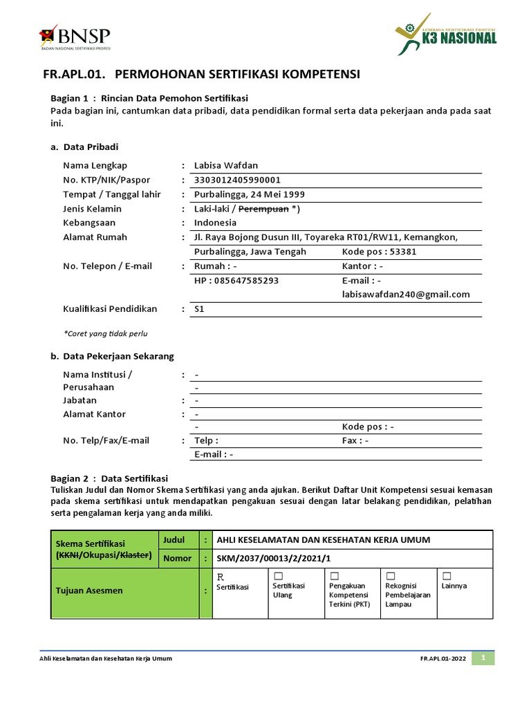 FR - Apl.01. Permohonan Sertifikasi Kompetensi | PDF