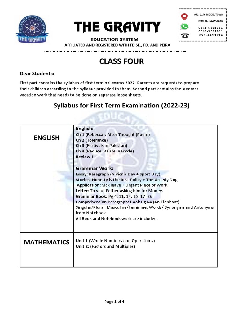 Class Four: Syllabus For First Term Examination (2022-23) | PDF ...
