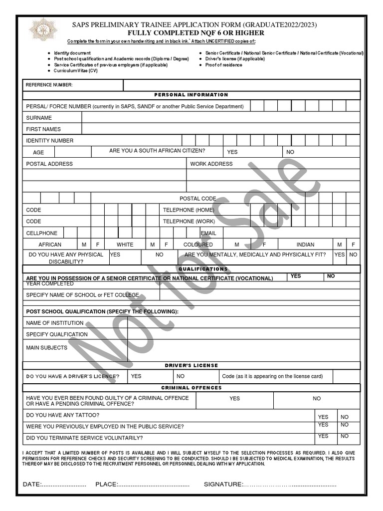 SAPS Trainee Application Form 2022/2023 | PDF | Driver's License ...