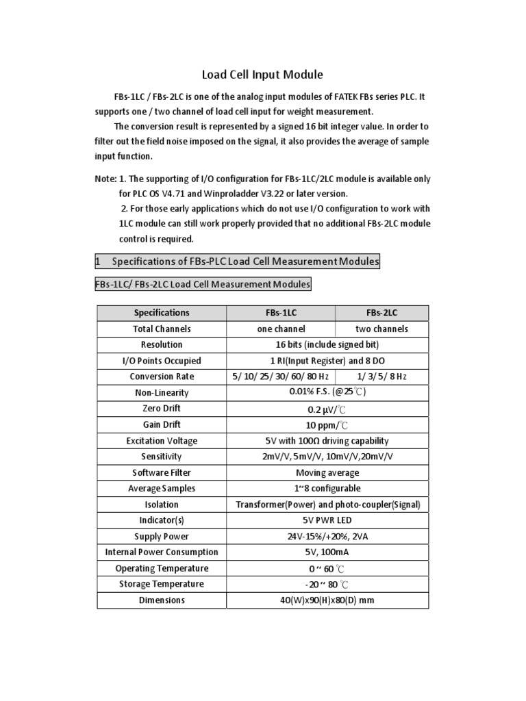 Load Cell Input Module: 1 Specifications of FBS-PLC Load Cell Measurement Modules | PDF | Analog ...