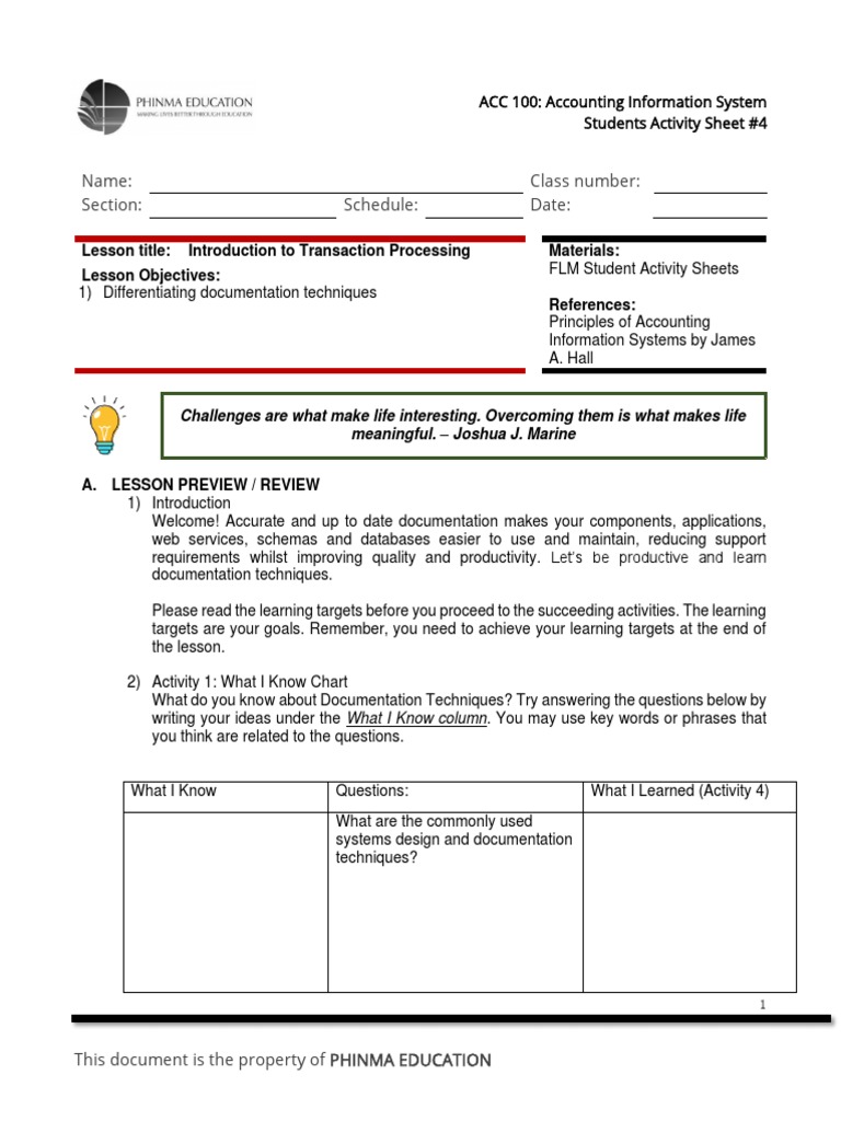 Name: Class Number: Section: Schedule: Date:: Lesson Title: Introduction To Transaction ...