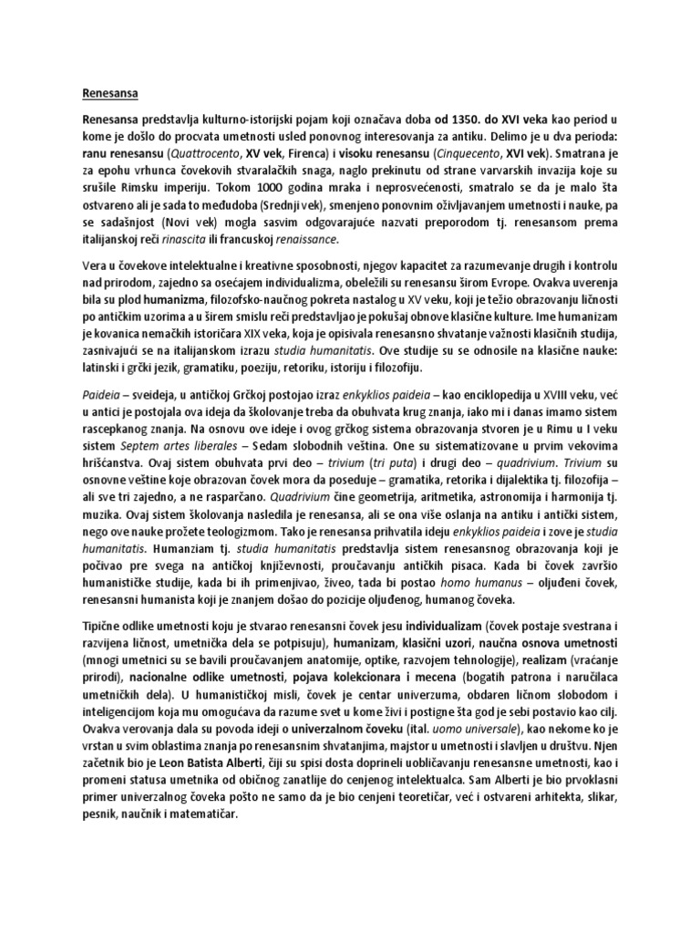 Renesansa I Manirizam (I Semestar) | PDF