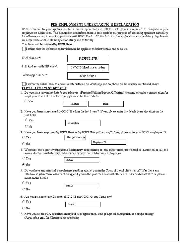 ICICI Bank Pre-Employment Declaration Form | PDF | Legal Liability ...