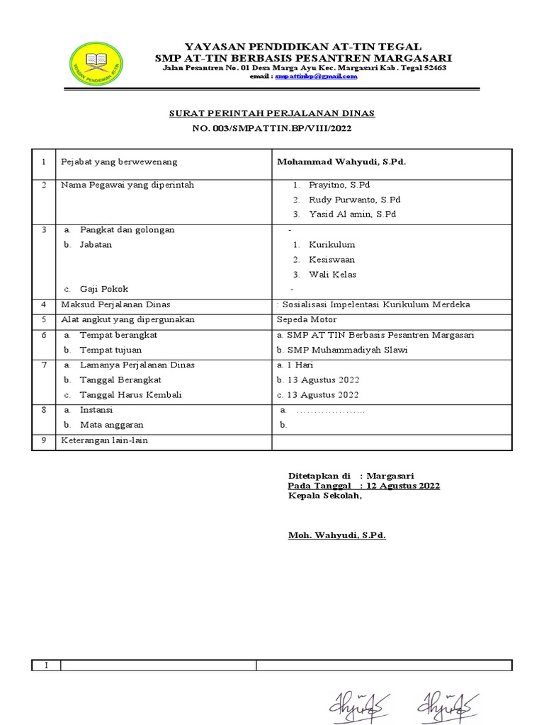 Format SPPD Surat Perintah Perjalanan Dinas Sekolah | PDF