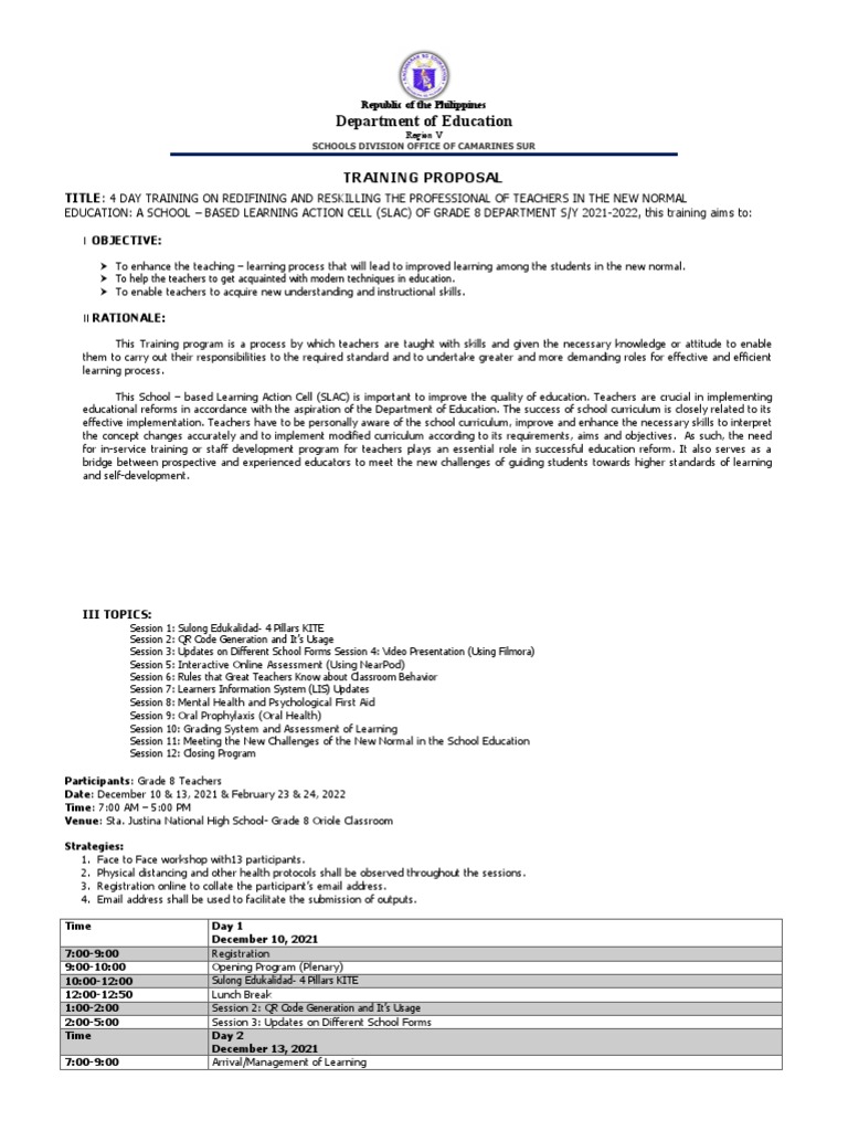 G8 SLAC PROPOSAL | PDF | Teachers | Curriculum