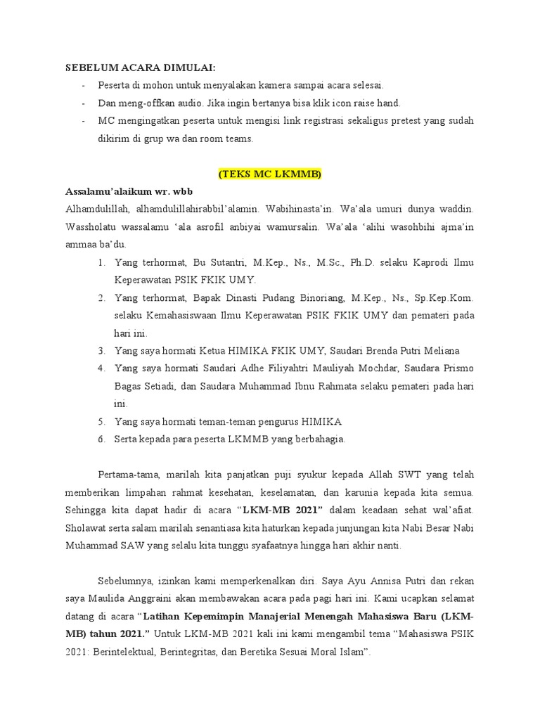Teks MC LKMMB 2021 | PDF | Karier & Perkembangan | Ilmu Sosial