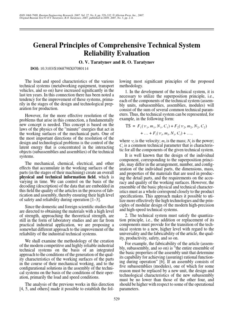 General Principles of Comprehensive Technical System Reliability ...