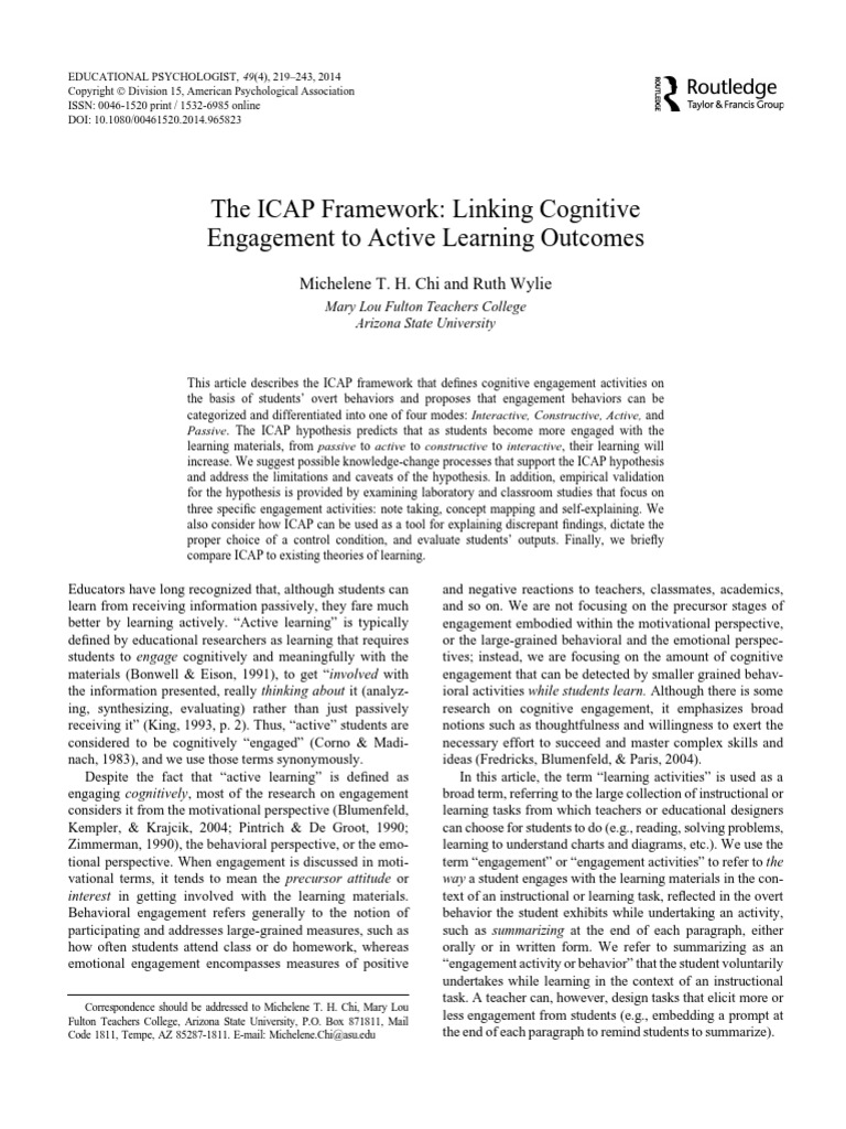 The ICAP Framework: Linking Cognitive Engagement To Active Learning ...