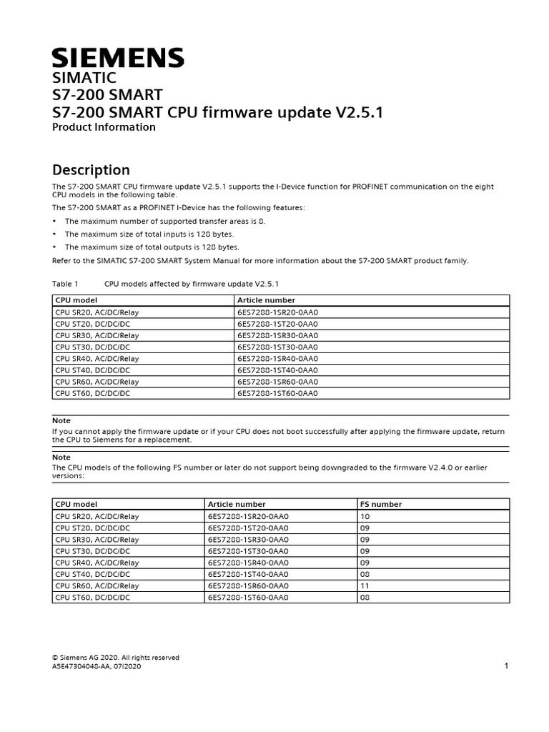 Simatic S7-200 SMART S7-200 SMART CPU Firmware Update V2.5.1 | PDF | Booting | Central ...