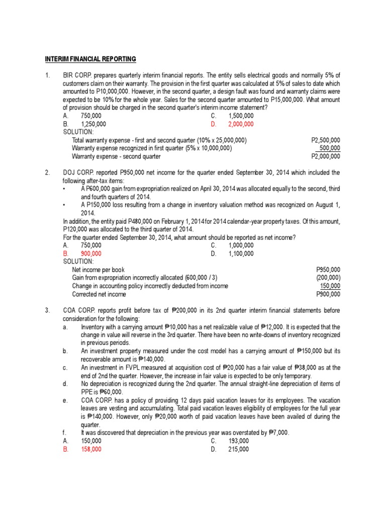Interim Financial Reporting and Operating Segment Discussion Problems and Answer Key | PDF ...