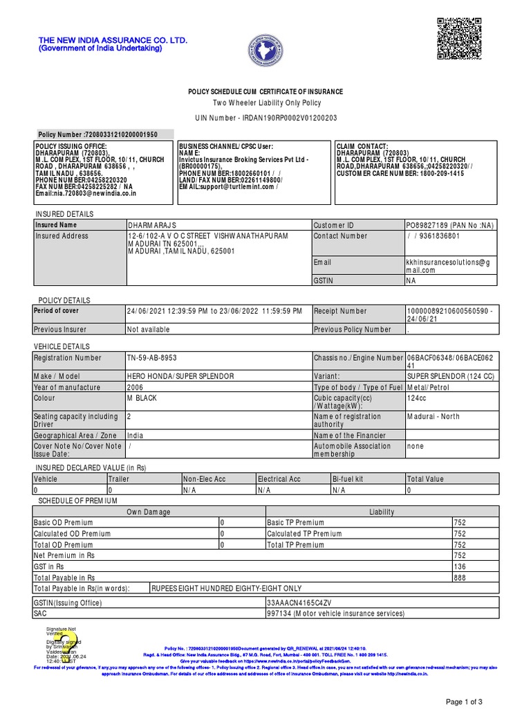 New India Assurance Two Wheeler Liability Policy | PDF | Liability ...