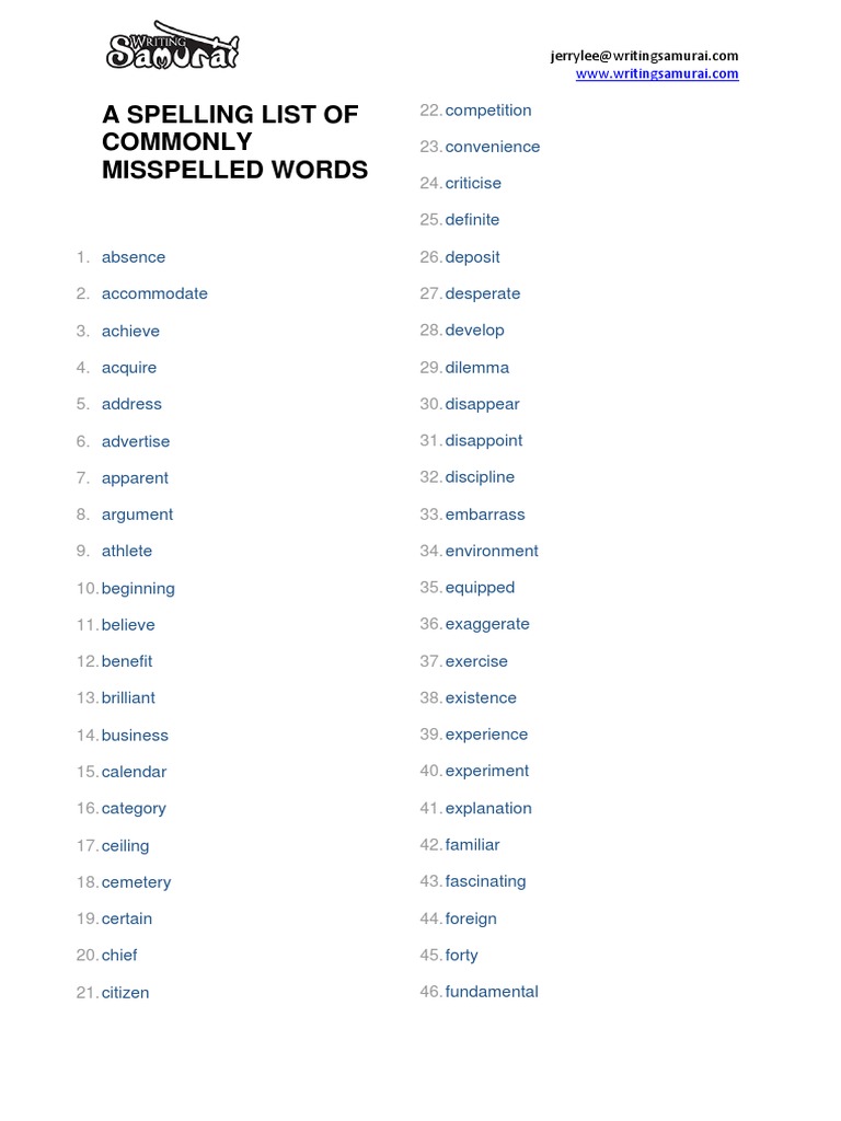 Commonly Misspelled Words List | PDF | Cognitive Science | Cognition