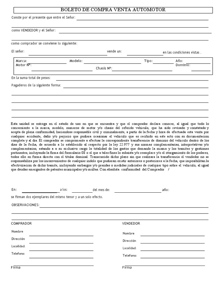 Boleto Compra Venta Automotor | PDF