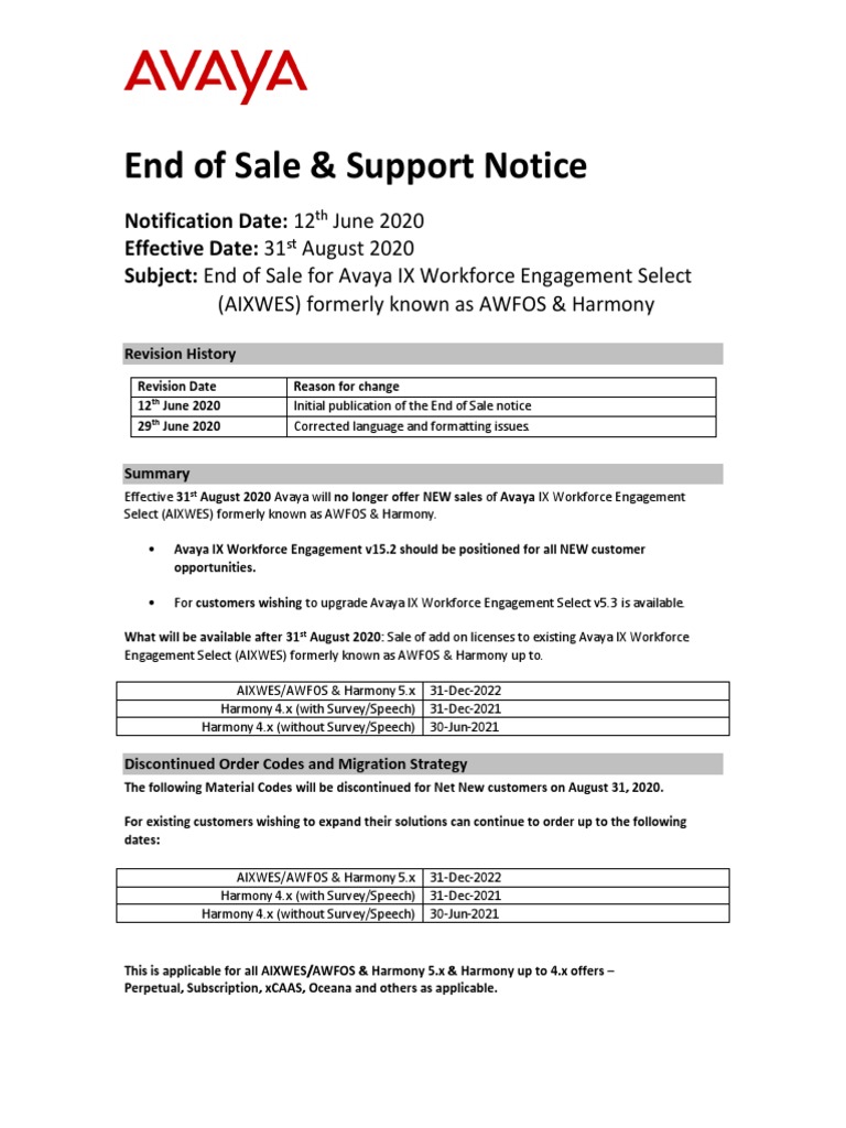 End - of - Sale Notice - AIXWES - & - Harmony 2020-06-29 | PDF ...