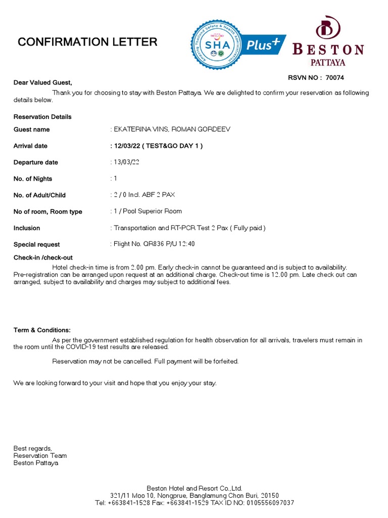Hotel Booking Confirmation for Guest | PDF