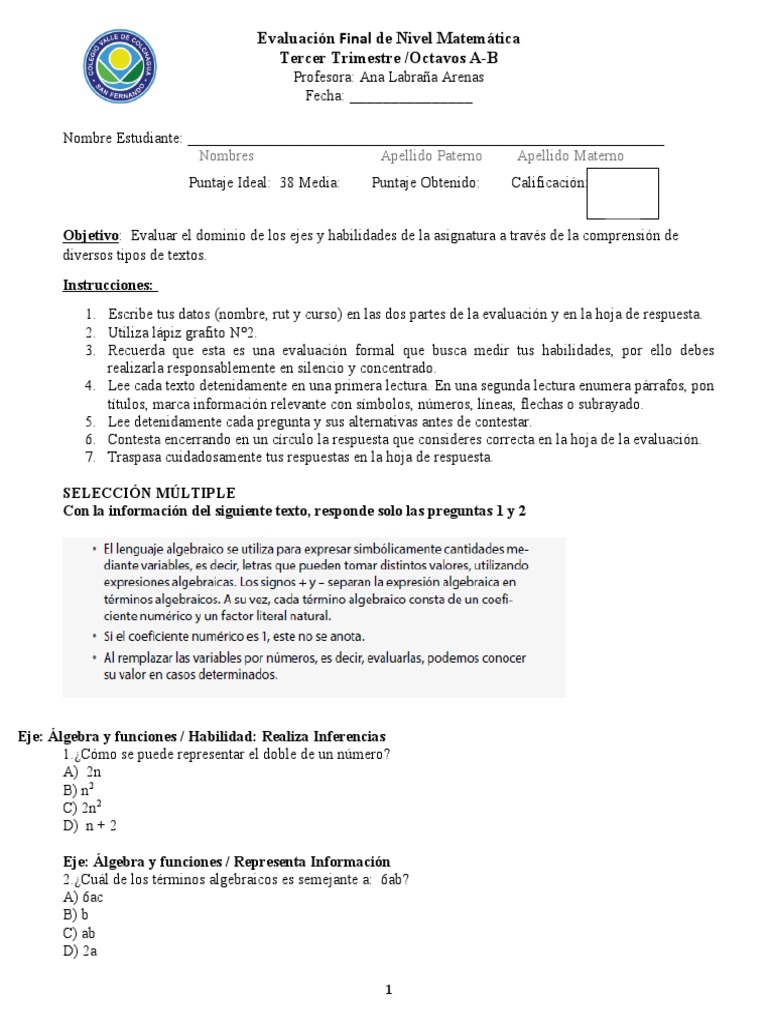 Evaluación Final De Nivel Matemática 8 Básico Pdf Triángulo