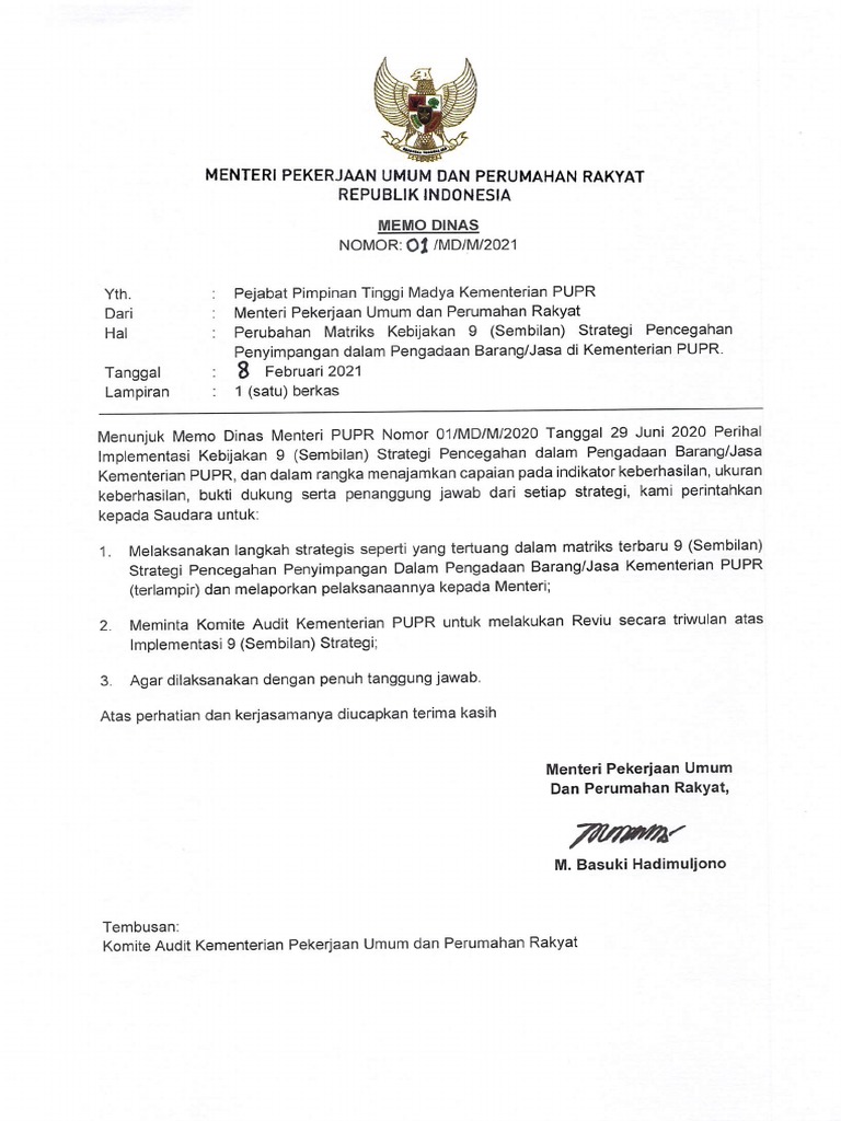 Memo Dinas Menteri 01_MD_M_2021 (1) | PDF
