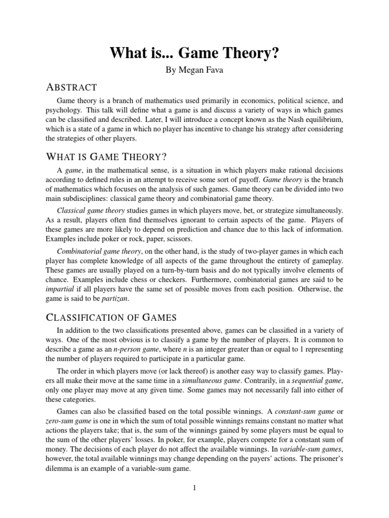 Exploring Key Concepts in Game Theory: Classifications, Representations ...