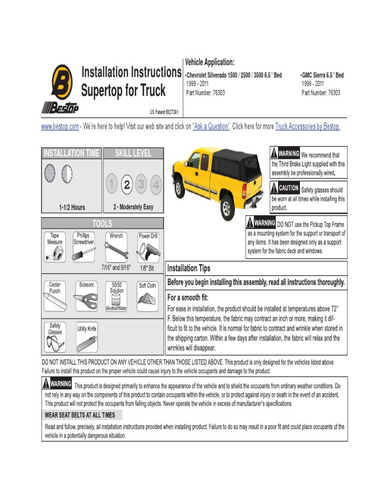 Bestop Truck Soft Topper | PDF | Chevrolet Silverado | Trunk (Car)