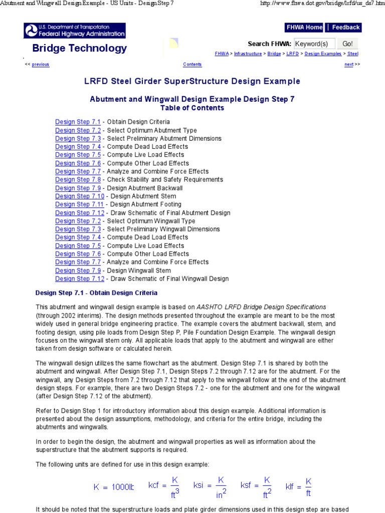 Abutment and Wingwall Design Example - US Units - Design Step 7 | PDF ...
