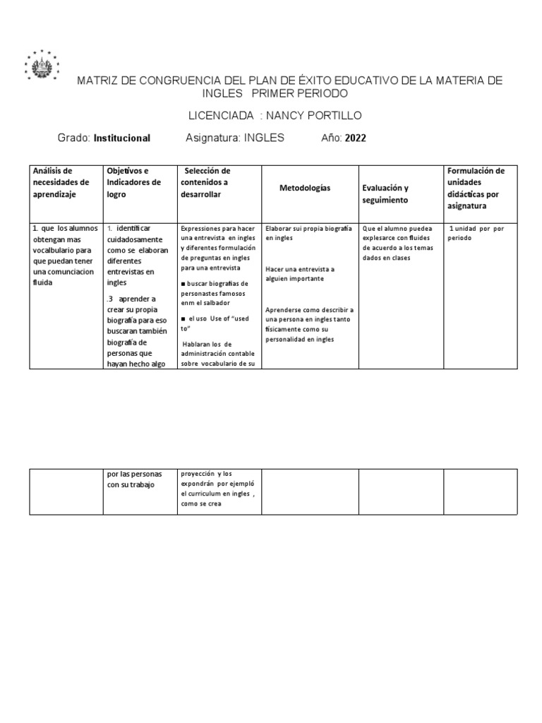 PLAN de EXITO EDUCATIVO Ingles Primer Año de Ingies Nancy Portillo ...
