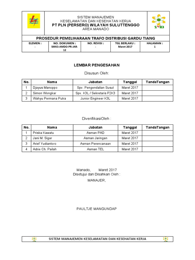 Prosedur Pemeliharaan Trafo PLN Manado | PDF | Sains & Matematika