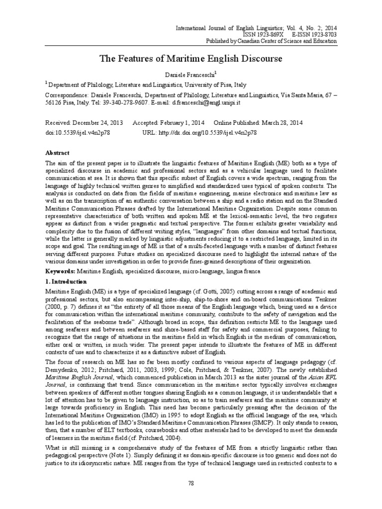 Features Of Maritime English Discourse PDF Linguistics English